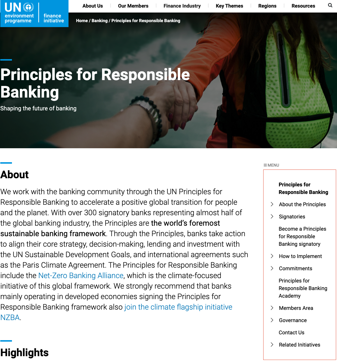 The United Nations Environment Programme Finance Initiative (UNEP FI) Principles for Responsible ...